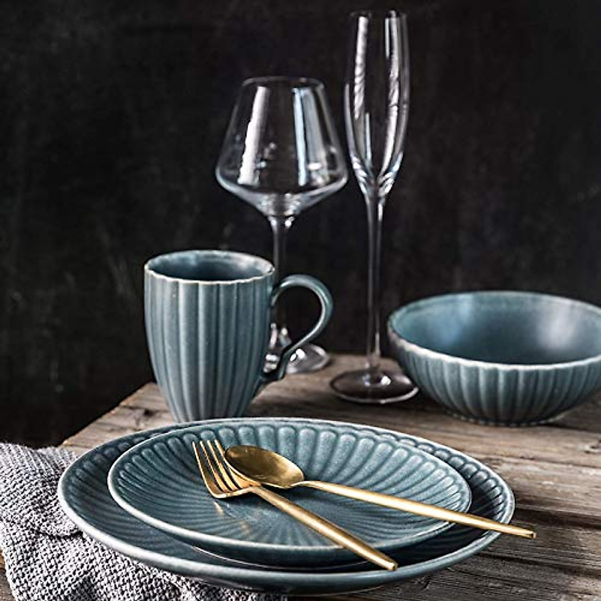 GagalU Dinner Set,Porcelain Dinnerware Sets, Retro Style Three-Dimensional Relief Cereals Bowls and Steak Plates Sets | 22 Pieces Ceramics Dinner Combination Set with Mug