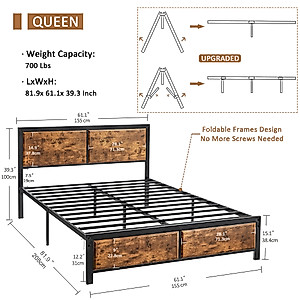 VECELO Queen Platform Bed Frame with Rustic Vintage Wood Headboard, Mattress Foundation, Strong Metal Slats Support, No Box Spring Needed ,Brown
