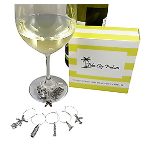Palm City Products Around the World Wine Charm Set with Food, Wine, and Travel Themed Sets - 28 Piece Bundled Set