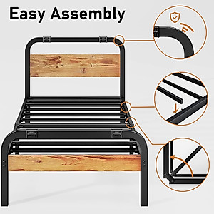 ZIYOO Industrial Style Twin Size Metal Bed Frame with Solid Wood Headboard and Footboard, 14 Inch High Heay Duty Steel Slats Support No Box Spring Needed，Easy Assembly Structure