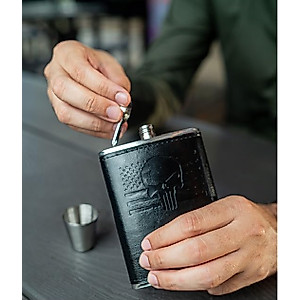 Rush1 8oz Leather Flask for Men – Custom American Flag Skull Design – Wrap Stainless Steel Set with Funnel and 2 Shot Glasses – Ideal for Whiskey or any Liquor.
