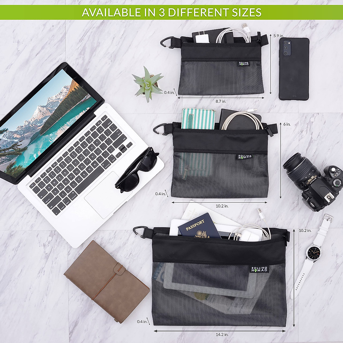 Rolling Nomad Large Zipper Pouch, Water-Resistant Mesh Bag, Black Travel Organizer, Toiletry, Storage, Cosmetics, Money Purse, Accesory, 14.2x10.2x0.4