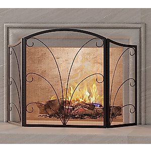 Kingson 3-Panel Arched Fireplace Screen Decorative, Handcrafted Scroll Wrought Iron Fireplace Spark Guard Cover - Black