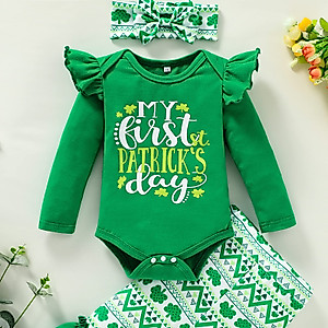 GRNSHTS Baby Girl My First St.Patrick's Day Clothes Long Sleeve Ruffle Romper Bell-Bottomed Pants Headband 3Pcs Clover Print Outfits（Green-C,0-3M