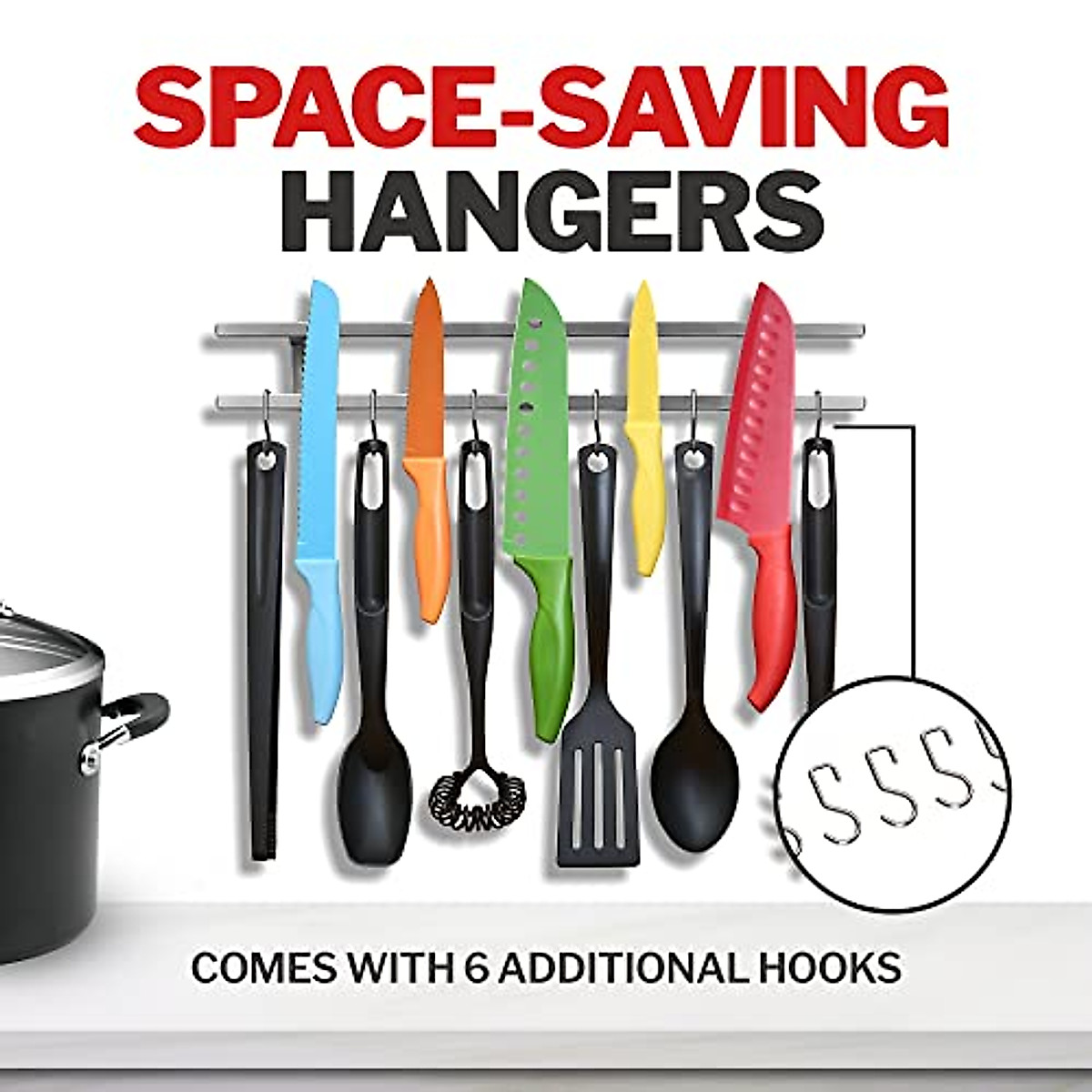 Magnetic Knife Holder, Stainless Steel 18-Inch Magnetic Knife Rack with 6 Removable Hooks, Ergonomic Tool Magnet Bar and Knife Strip with Installation Hardware – Any Kitchen Stuff