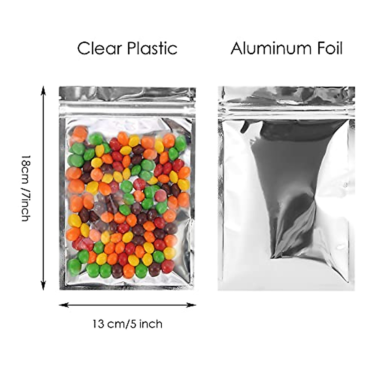 Resealable Mylar Bags | 100 Pcs 5 X 7 Inch | Smell Proof Ziplock Bag Heat Seal Cute Packaging Foil Food Bags Sealable Large Front Clear Plastic Silver for Storage Candy Beef Jerky Jewerly Product