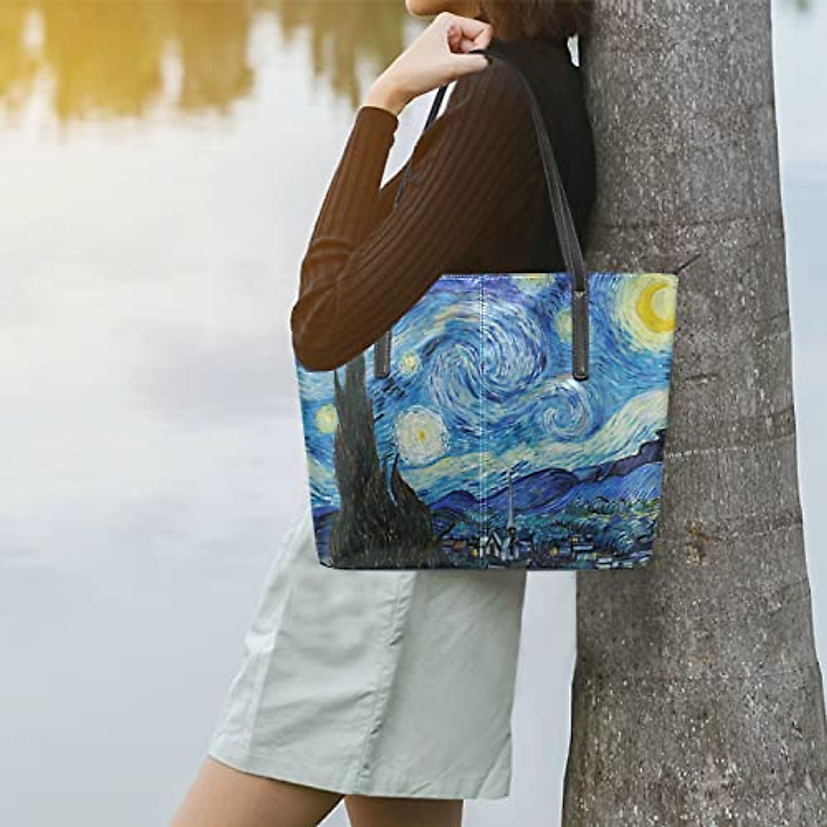 Starry Night Painting Tote Bag for Women, Large Leather Tote Shoulder Bag Handbag with Zipper, 11.8 x 3.5 x 11 inch