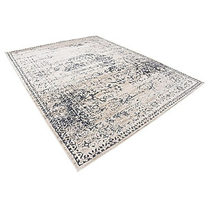 Unique Loom Chateau Collection Distressed Vintage Traditional Textured Dark Blue Area Rug (8' 0 x 10' 0), beige/navy blue