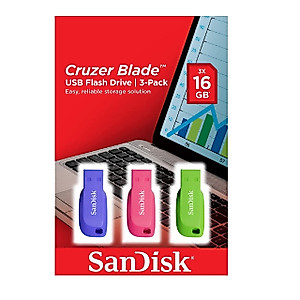 SanDisk 16GB Cruzer Blade USB Flash Drive 3-Pack, Blue/Pink/Green
