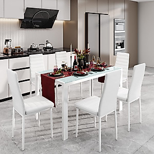 Gizoon Glass Dining Table Sets for 6, 7 Piece Kitchen Table and Chairs Set for 6 Person, PU Leather Modern Dining Room Sets for Home, Kitchen, Living Room