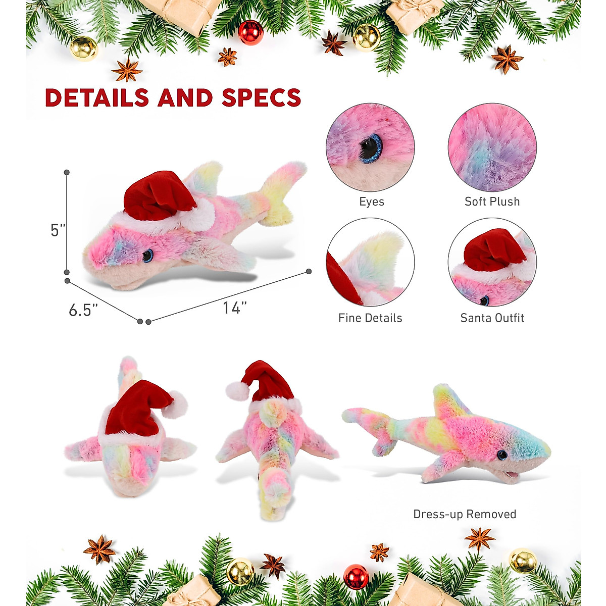 DolliBu Santa Rainbow Shark Stuffed Animal Plush Toy - Super Soft Wild Animal Dress Up with Red Santa Claus Hat, Cute Wildlife Gift, Perfect Holiday with Name Personalization - 14 Inch