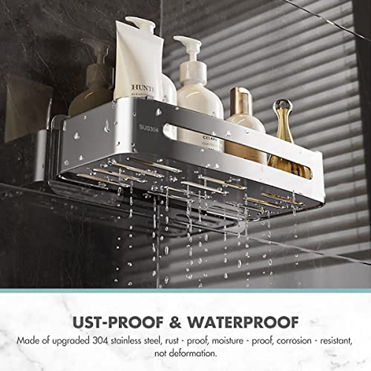 KULED Shower Caddy, Adhesive Shower Shelves No Drilling, 1.77inch Height Rustproof Stainless Steel Bathroom Shower Organizer, Silver Polished Shower Shelf with 2 Adhesives