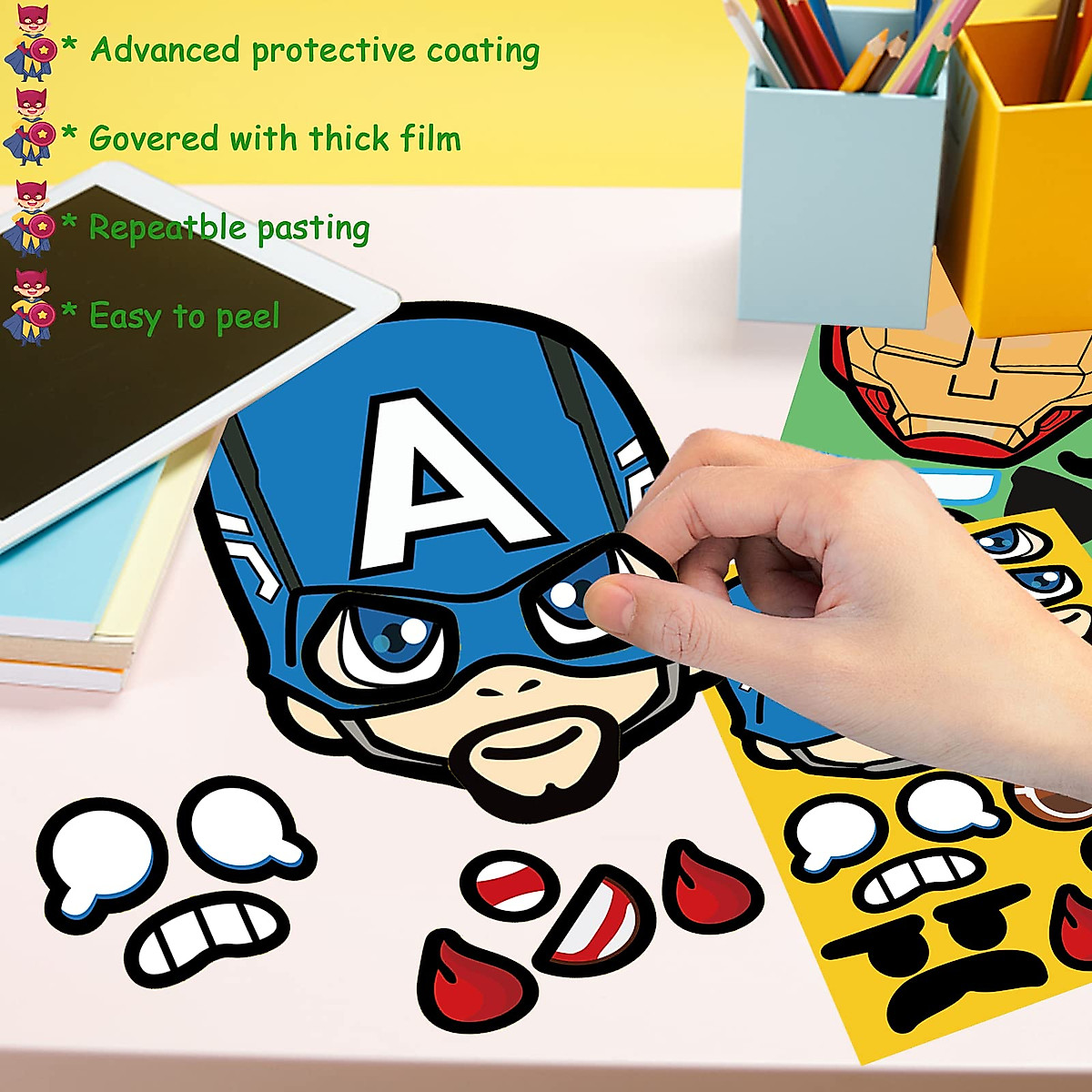 Calofun Superhero Stickers Book for Kids Crafts-24 Sheets of Waterproof Sticker Make a Face DIY Boys Toys Gift for Laptops ,Wall ,Water Bo