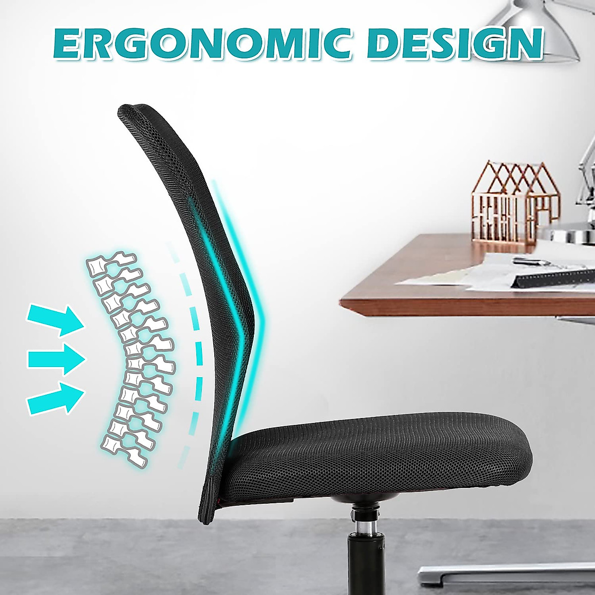 Home Office Chairs Small Desk Chair Armless Computer Chairs with Wheels Task Office Chair Kids Desk Stool Sewing Chair No Arms Swivel Rolling Chairs for Teens Adults, Black