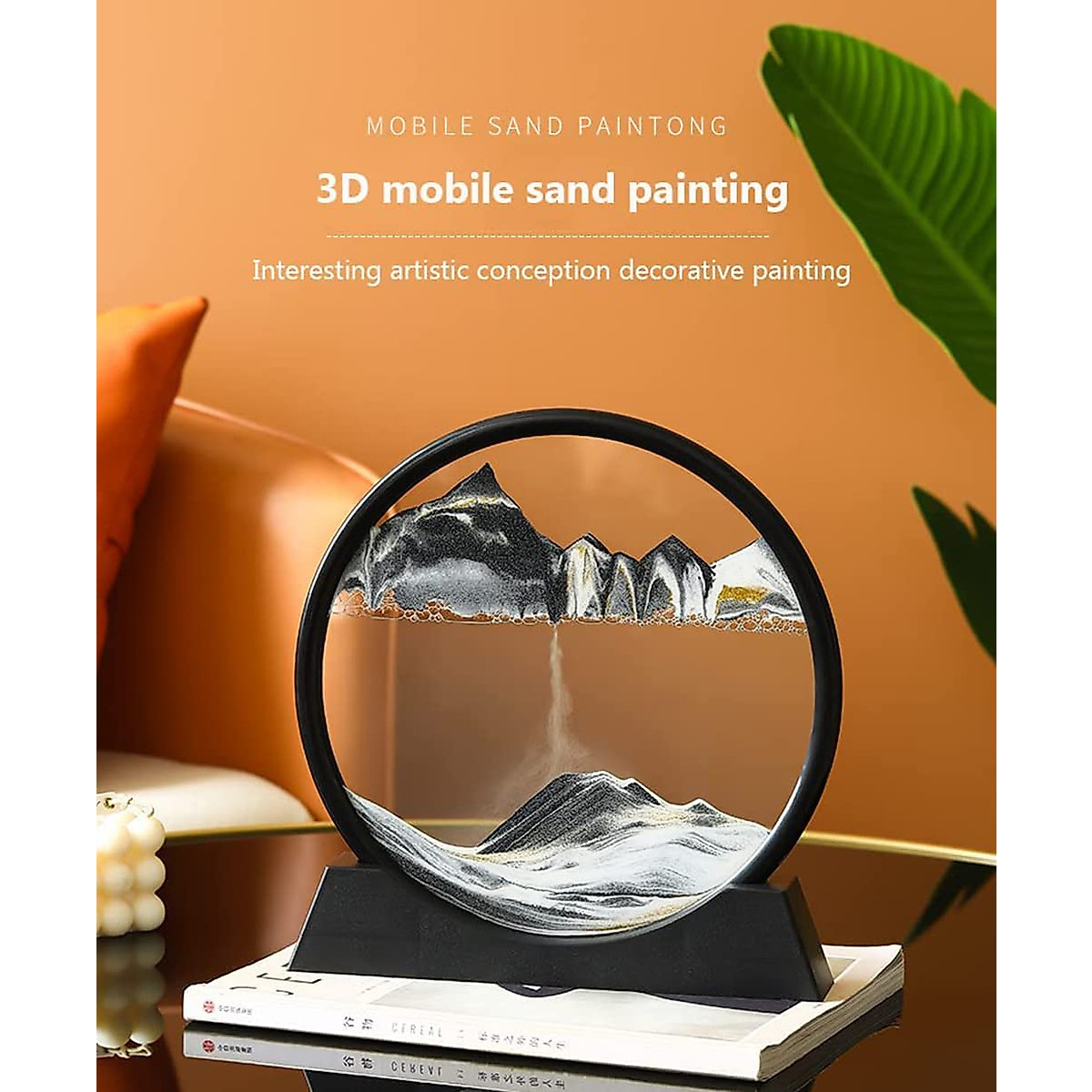 XKSWAMZ 3D Flowing Sand Painting, Moving Sand Art Decor, 3D Hourglass Round Natural Landscape Glass Sand Frame, Quicksand Painting Desktop Ornaments for Home and Office Decor (7 inches, Blue)