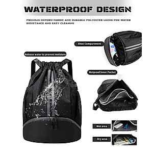 SENIKO Drawstring Backpack,String Swim Gym Bag with Shoes Compartment and Wet Proof Pocket for Women Men Sports Travel (Black)