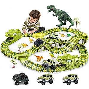 Dinosaur Toys, 260 Pcs Dinosaur Car Race Track Toy with 3 Cars Playset, Includes 250 Flexible Train Track, 7 Dinosaur and 2 Dinosaur Head Best Gift for Boys Girls Ages 3 4 5 6 7Years Old and Up
