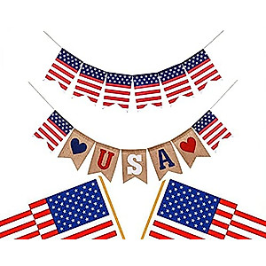 Shimmer Anna Shine USA American Flag Patriotic Burlap Banner for 4th of July Decorations Red White and Blue Memorial Day Decor (USA Flags)