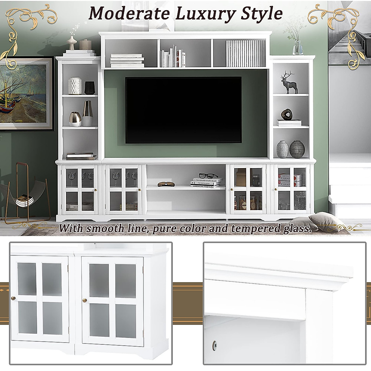 Multifunctional All in One TV Stand for TVs Up to 70'', Luxury Entertainment Wall Unit with Bridge and Tempered Glass Door, TV Stand Console Table with Top Cabinet for Living Room (White-70)
