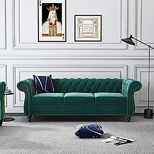 NOSGA Large Sofa, Modern 3 Seater Couch Furniture, Three-seat Sofa Classic Tufted Chesterfield Settee Sofa Tufted Back for Living Room (Green)