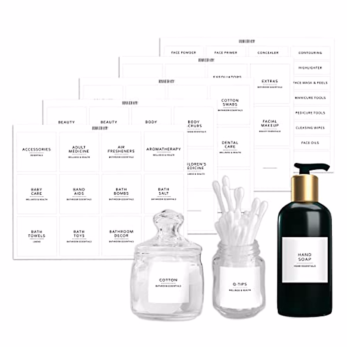 Dekluttr 173 Minimalist Bathroom Labels for Organizing Bathroom Preprinted Waterproof Organization Labels for Storage Bins Containers and Jars Sticks to Glass Plastic and Metal