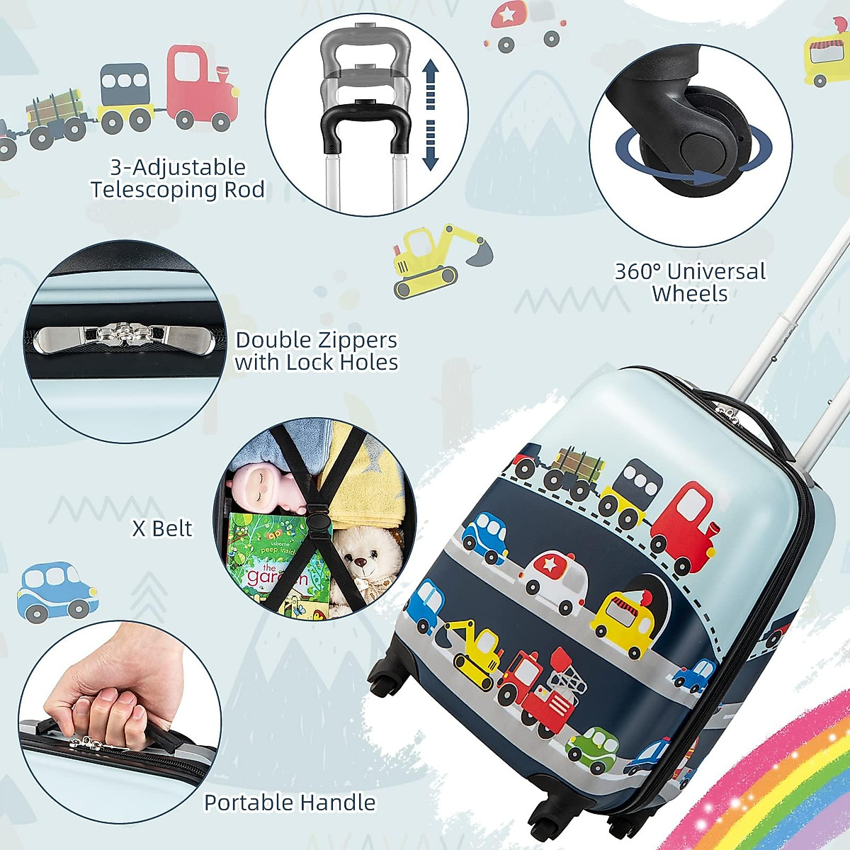 GYMAX Kids Carry On Luggage Set, 12" & 16" 2PCS Rolling Suitcase (Little Airplane)