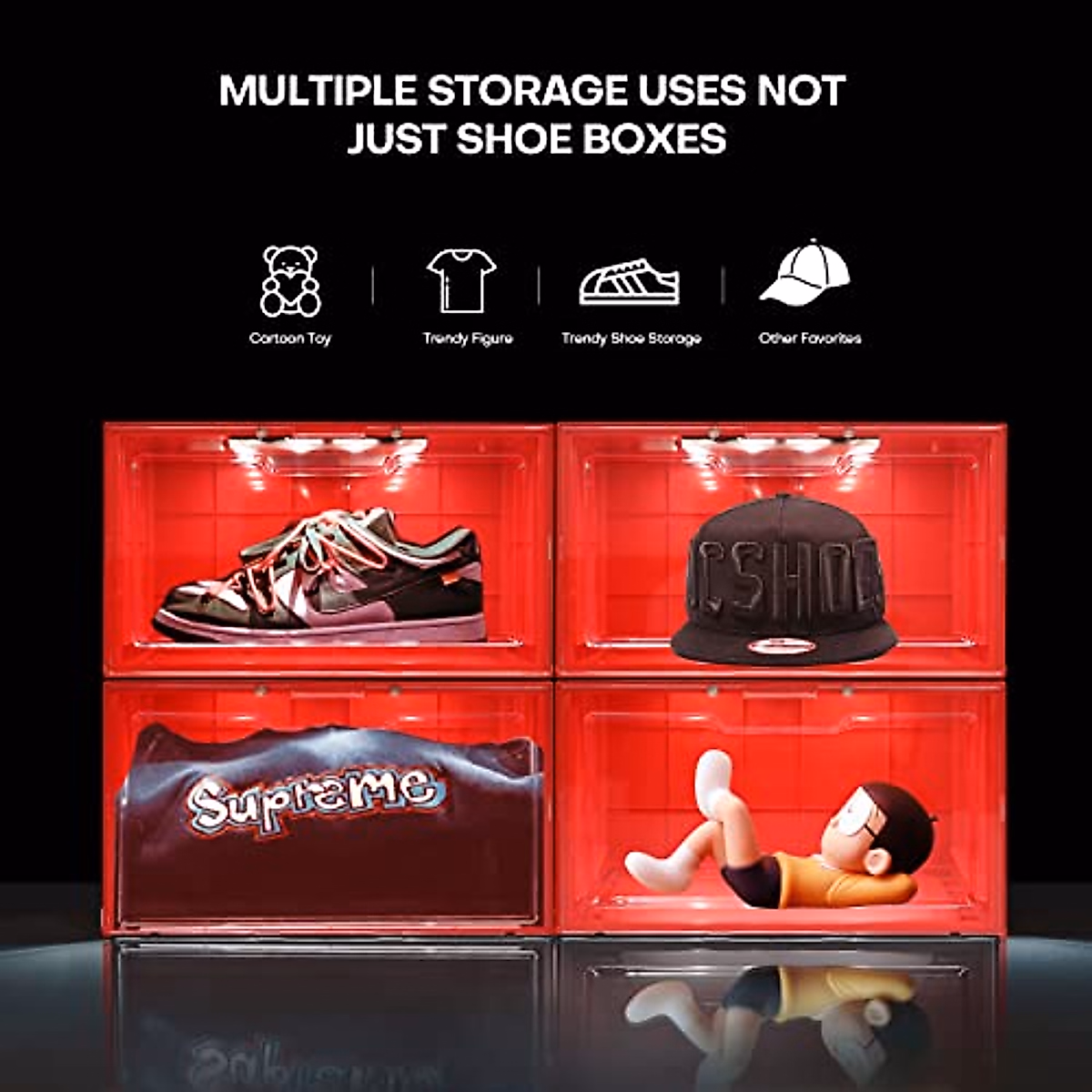 Boshen 1 Pack LED Shoe Display Cases with Voice Control Stackable Extra Large Sneaker Storage Box Magnetic Drop Side Shoe Collection Organizer for Men 13.5 & Women 14 (Red)