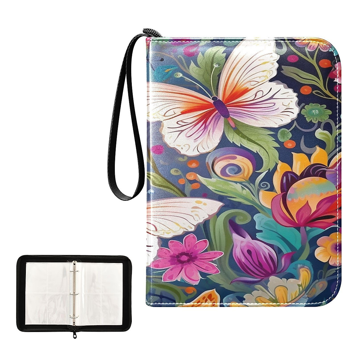PYBUG Butterfly Trading Card Binder with Nylon Strap 4-Pocket Waterproof PU Leather Card Collection Binder for 400 Cards Sturdy Card Holder Folders for Game Cards,Sports Cards