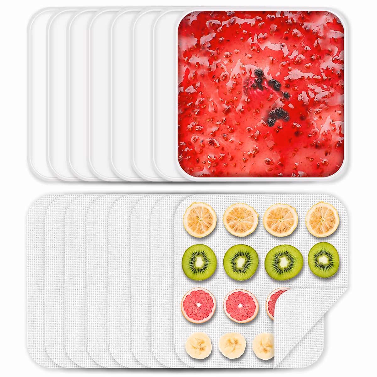 8 Pcs Silicone Food Dehydrator-Trays with Edge, 8 Pcs Mesh Dehydrator Mats,Reusable Non Stick Silicone Dehydrator Sheets (11x 11in) for Liquids,Fruit Leather,Herbs,Meat and Yogurt