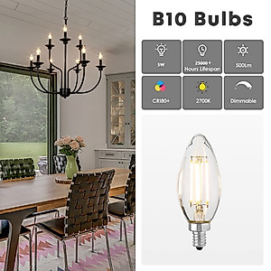 E12 Candelabra LED Edison Bulbs 40W Equivalent, 500 Lumen Soft White B10(C35) Dimmable Chandelier Light Bulbs Ceiling Fan, 5W Clear Glass Vintage Edison Bulb, 6 Pack