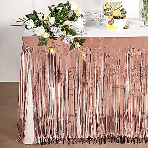 Tableclothsfactory 30" x9FT Metallic Foil Fringe Table Skirt, Self Adhesive Party Table Skirt - Blush | Rose Gold