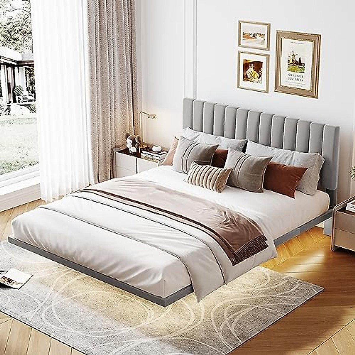 CITYLIGHT Upholstered Floating Bed Frame,Smart LED Bed Frame with Sensor Light and Headboard, Modern Velvet Floating Bed for Girls Boys Teens Adults, Grey