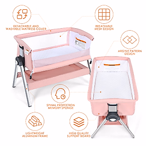 INFANS Baby Bassinet Bedside Crib, Newborn Sleeper w/Large Storage Basket, Adjustable Heights, Detachable &Washable Mattress, Breathable Mesh, Straps, Easy Moving Bed Side (Pink)