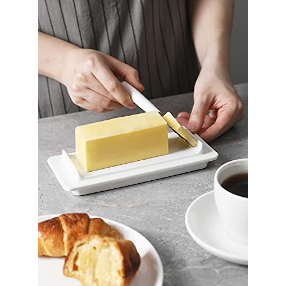 Sweese 327.101 Butter Dish with Lid for Countertop - Butter Dish with Gold Handle, Butter Dishes with Covers for 4oz East West Coast Butter - Dishwasher Safe, White