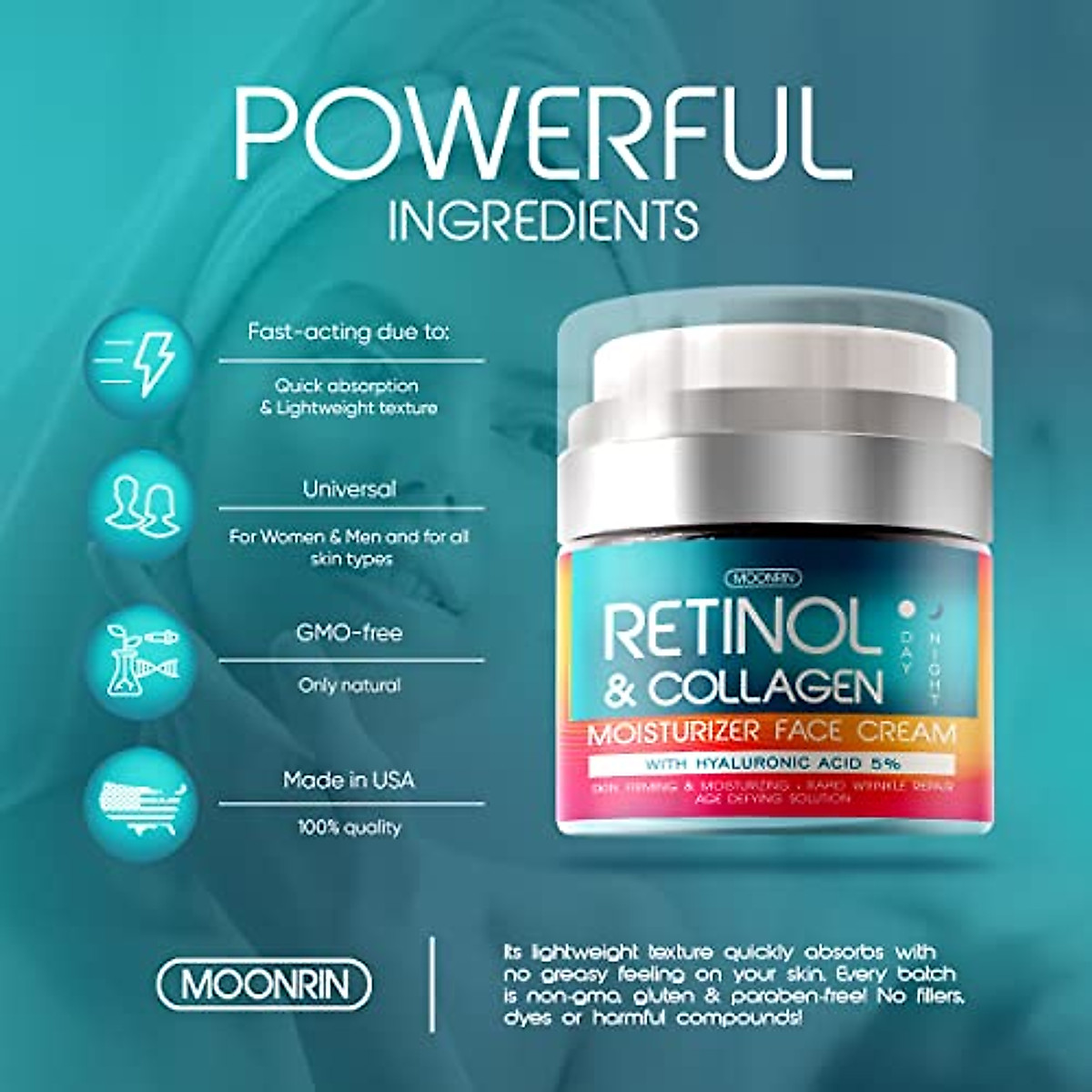 Retinol Cream for Face with Hyaluronic Acid – Collagen Face Moisturizer for Women and Men - Advanced Anti-Aging Formula for Lifting Skin – Reduce Wrinkles, Fine Lines and Dryness – 1.85 fl. Oz