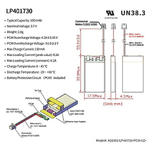 EEMB Lithium Polymer Battery 3.7V 150mAh 401730 Lipo Rechargeable Battery Pack with Wire Molex 1.25mm Connector for Speaker and Wireless Device- Confirm Device & Connector Polarity Before Purchase