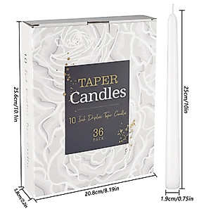 36 Pack 10 inch White Taper Candles, 7-7.5 Hour Burn Time,Unscented Dripless and Smokeless, Elegant Premium Quality Dinner Candle for Home Décor, Restaurant, Wedding, Party Candlesticks
