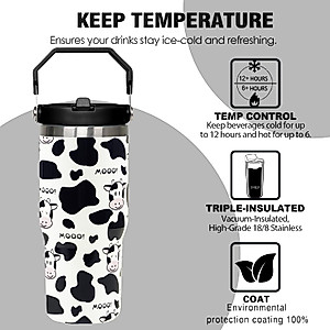 Cute Cow Tumbler with Handle and Straw, Stainless Steel Vacuum Insulated Flip Straw 30 oz Cow Tumbler Spill Proof Coffee Travel Mug Cow Gifts for Women