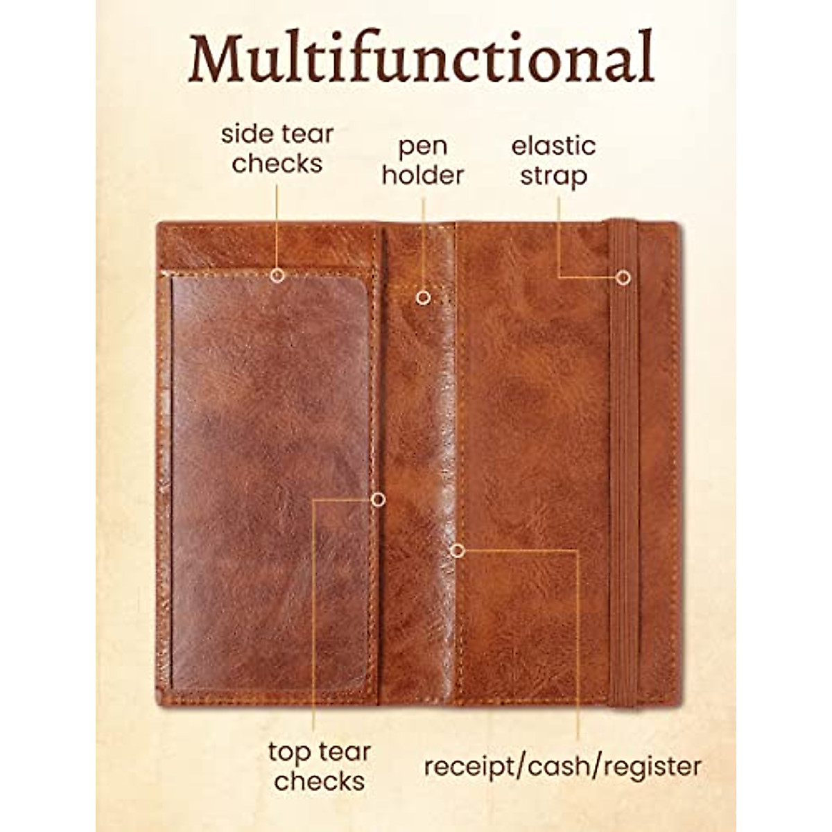 Yarnic Checkbook Cover for Personal Checkbook, Checkbook Holder with Pen Holder & Built-in Clear Plastic Divider for Duplicate Checks (Brown)