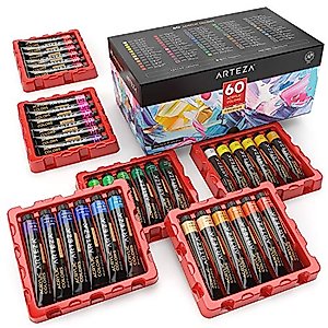 ARTEZA Acrylic Paint, Set of 60 Colors, 0.74 oz/22 ml Tubes, includes 5 Metallic Colors, Rich Pigments, Non-Fading, Non-Toxic Paints for Artist & Hobby Painters, Art Supplies for Painting