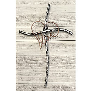 Top Brass Love/Heart Decorative Metal Wall Cross - Welded Wrought Iron - Valentine, Anniversary Jesus Art Decor - Antigue Silver/Copper Finish