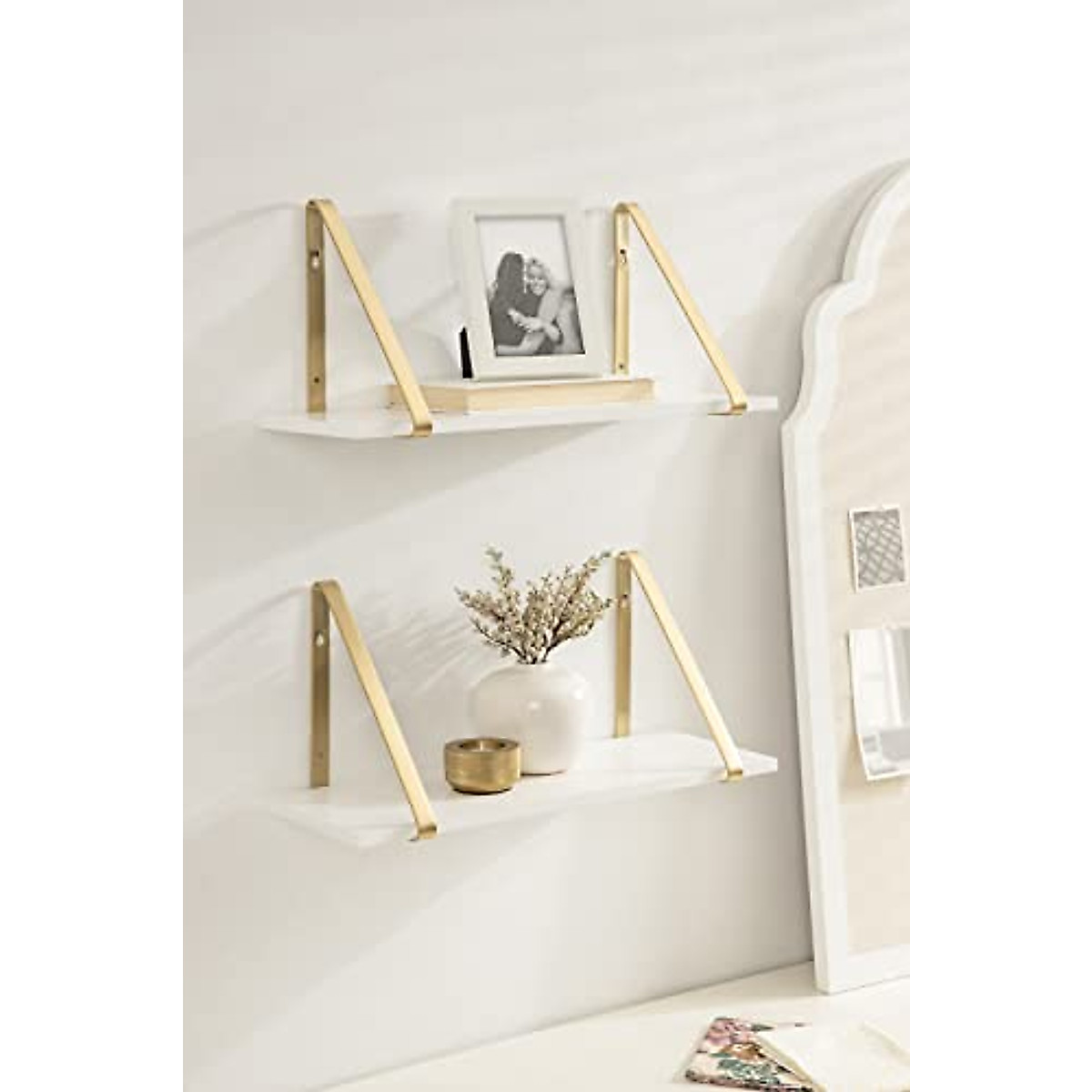 Kate and Laurel Soloman Modern Wooden Shelves, 18 inch, Set of 2, White and Gold, Contemporary Glam Wall Storage and Home Decor
