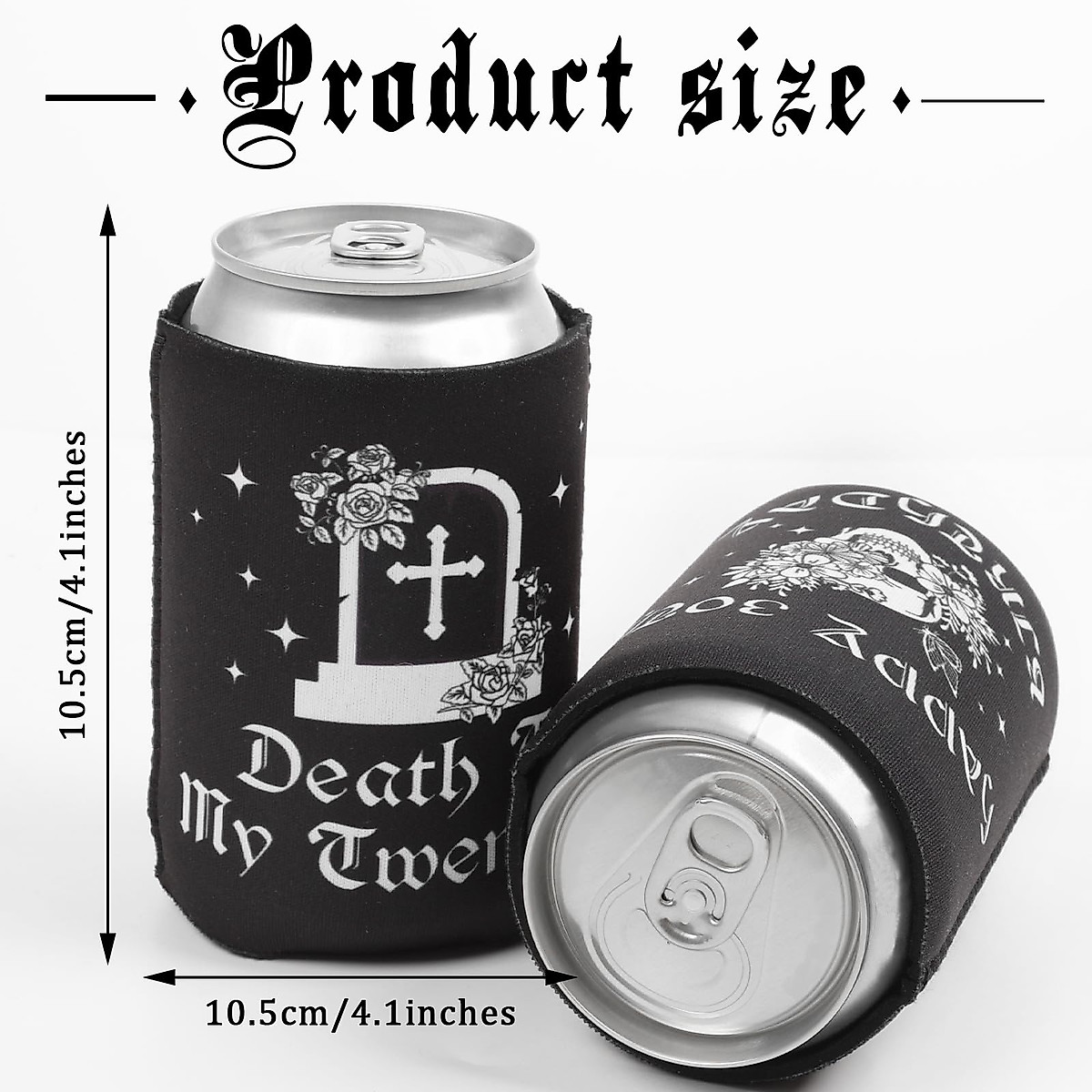 16PCS Gothic 30th Birthday Party Can Sleeves Death to My 20s Can Cooler Party Supplies RIP Cheer Youth Bachelorette Beverage Sleeves Favor for Birthday Bachelorette Party Halloween Party Decorations