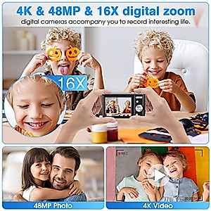 Digital Camera, Nsoela 4K FHD 48MP Kids Camera with 32 GB Card, Compact Point and Shoot Camera, 2.8" LCD Screen,16X Digital Zoom, Portable Mini Kids Camera for Teens,Students,Children (Black)