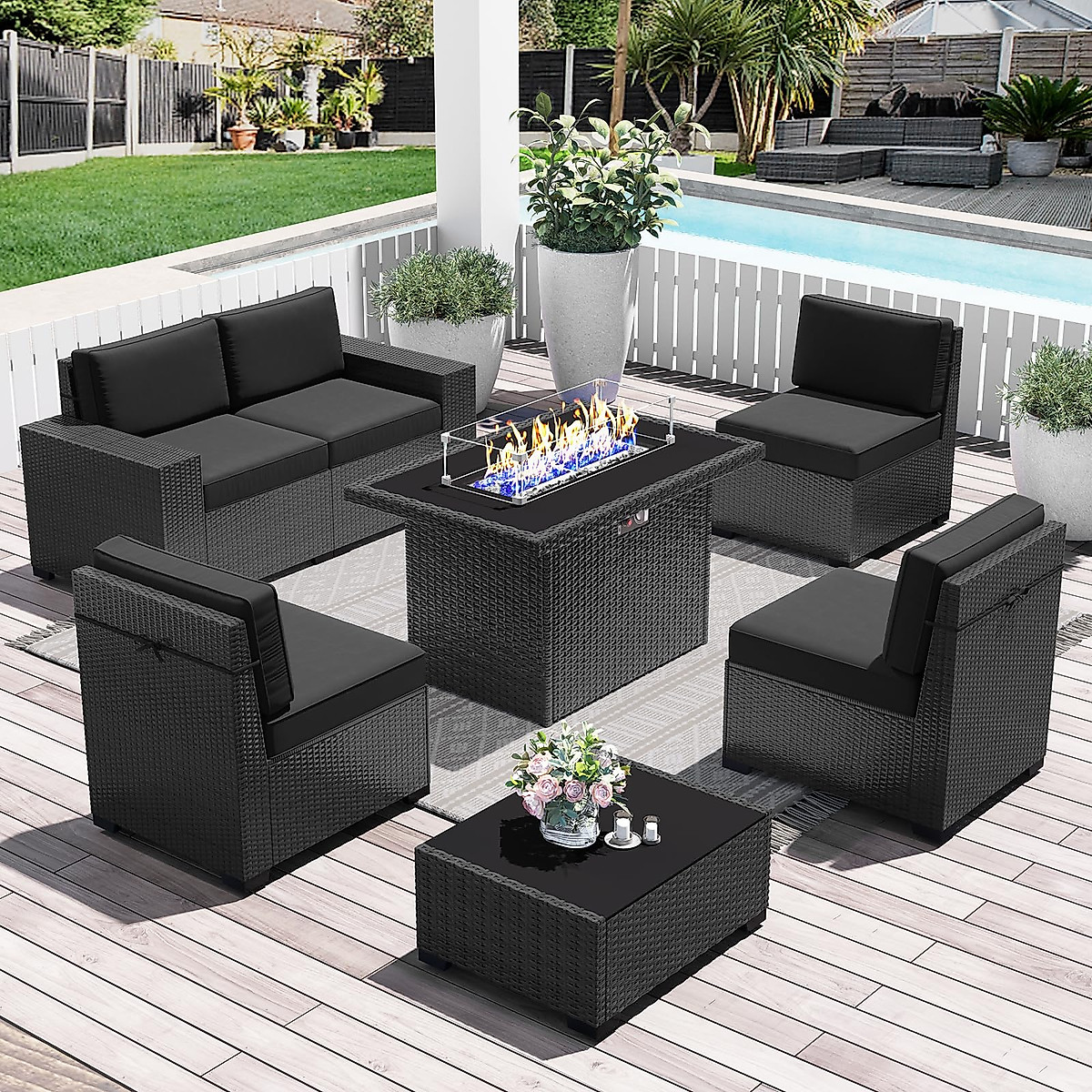LayinSun 7 Pieces Outdoor Patio Furniture Set with 44" Fire Pit Table Rattan Sectional Sofa Conversation Sets