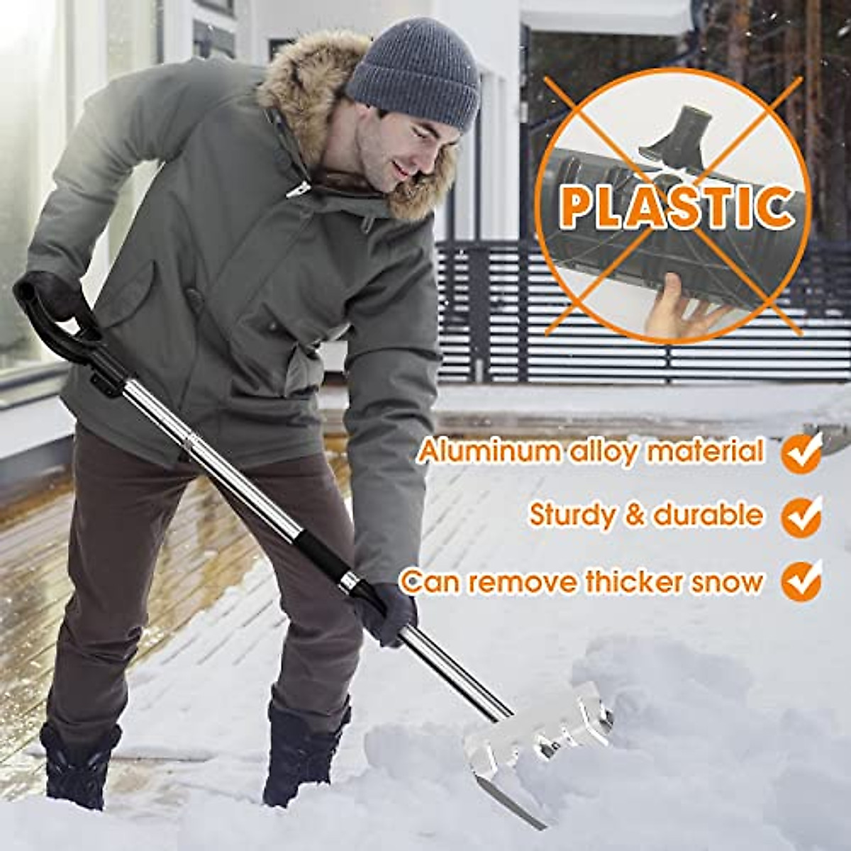 Snow Shovel for Driveway, 46 inches Aluminum Snow Pusher Shovel with D-Grip Handle Heavy Duty Metal Snow Shovels for Car Home Garage Garden
