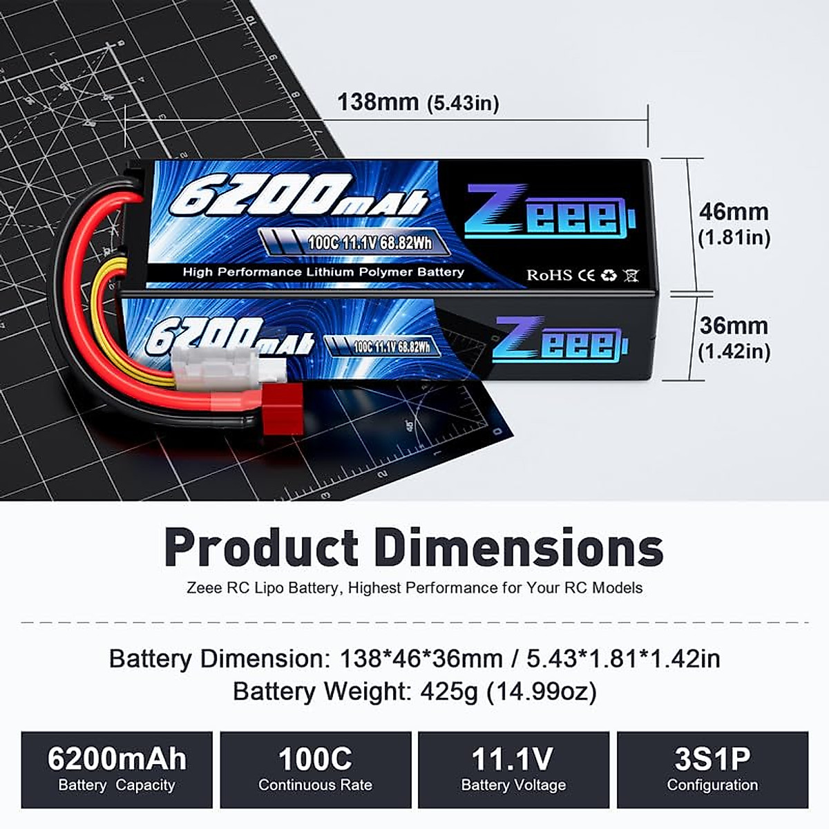 Zeee 3S Lipo Battery 6200mAh 11.1V 100C Hard Case RC Battery with Deans T Connector for 1/8 1/10 Scale Vehicles RC Car Tank Trucks Boats(2 Pack)