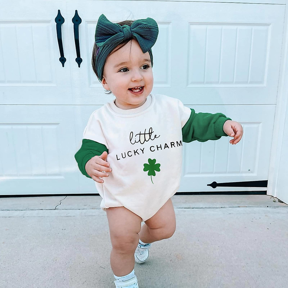 Saliuentm St Patricks Day Baby Girl Boy Outfit Letter Sweatshirt Romper Long Sleeve Onesie Newborn St Patricks Day Clothes(S-Cotton Green Little Lucky,6-12 Months)