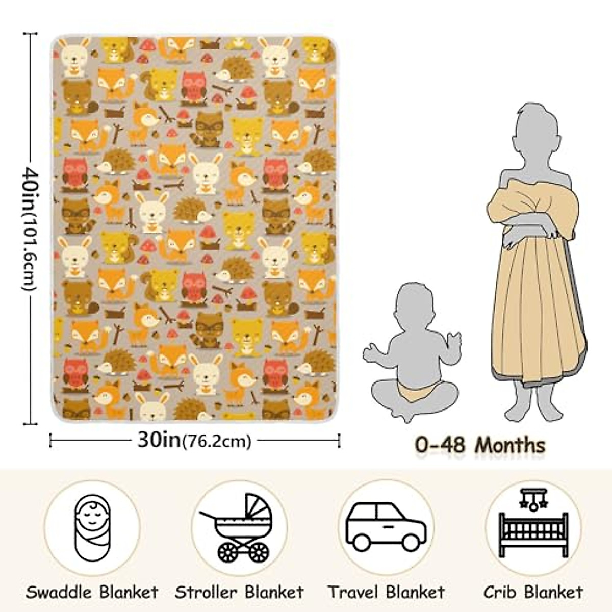 Coikll Cute Fox Bird Rabbit Deer Squirrel Baby Blanket Cotton Cozy Throw Blanket Warm Nursery Swaddle Receiving Toddler Blankets 30" x 40