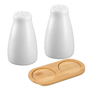 Ceramic Salt and Pepper Shakers Set: YIDM 2 Piece Set with a Bamboo Tray Ceramic Salt Shaker Ceramic Salt and Pepper Shakers Unique Salt and Pepper Set for Cooking, BBQ, Kitchen and Resturant Decor